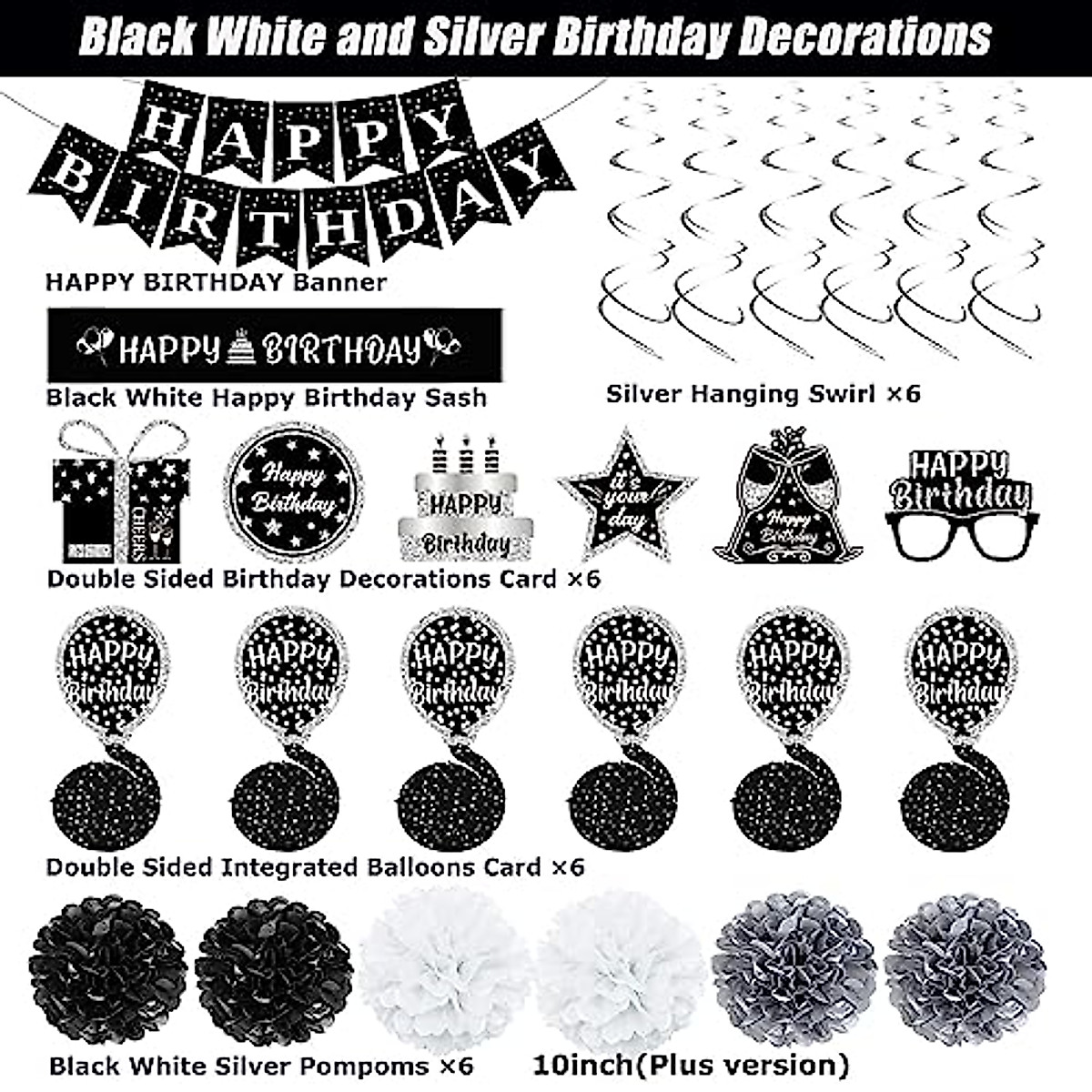 Birthday Decorations Black Silver White, Happy Birthday Party Decorations for Women Girls Men Boys, Happy Birthday Banner, Double-Sided Bday Pattern Card, Birthday Sash, 9 Pompoms, 6 Hanging Swirl Set