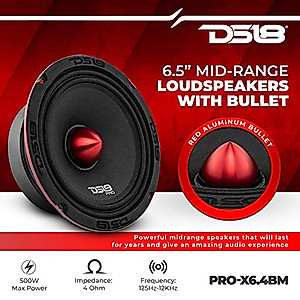 DS18 PRO-X6.4BM Loudspeaker - 6.5", Midrange, Red Aluminum Bullet, 500W Max, 250W RMS, 4 Ohms - Premium Quality Audio Door Speakers for Car or Truck Stereo Sound System (8 Speakers)