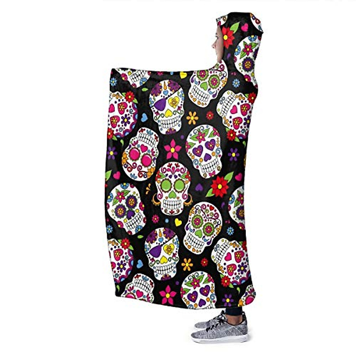 JASMODER Sugar Skull Hoodie Blanket Wearable Throw Blankets for Couch Blanket Hooded for Baby Kids Men Women