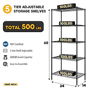 PayLessHere Shelves Shelf Wire Shelving Heavy Duty Storage 5 Tier Shelves with Adjustable Height Sturdy Steel Construction Certified by NSF Maximum 1250lbs Capacity Easy Assembly (Black, 24×14×60)