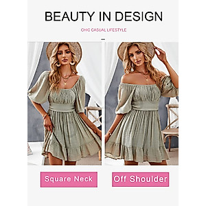 Dokotoo Womens Square Neck Mini Dress Tie Back Lantern Sleeve Summer Dresses Ruffle A-Line Grey Dress Casual Shirred Elastic Waist Sexy Dress Medium