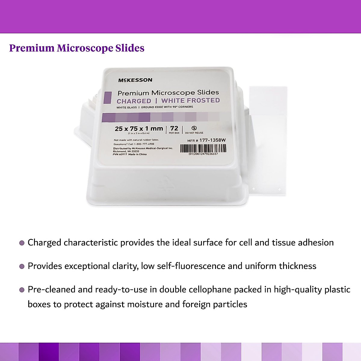 McKesson Microscope Slides - Charged, White Frosted, Ground Edged with 90° Corners, Pre-Cleaned Glass Slides, 72 Count