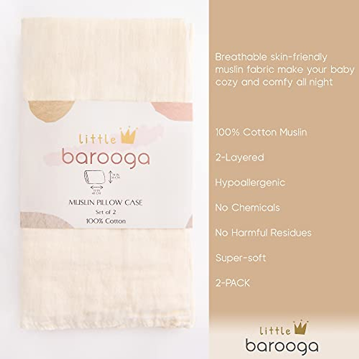 Barooga Toddler Pillowcase, 14"x19", 2 Pack, Muslin Baby Pillow Cases, 100% Cotton, Fits Pillows Sized 12"x16", 13"x18", or 14"x19", Envelope Closure Pillow Cover for Girls and Boys (Cream)