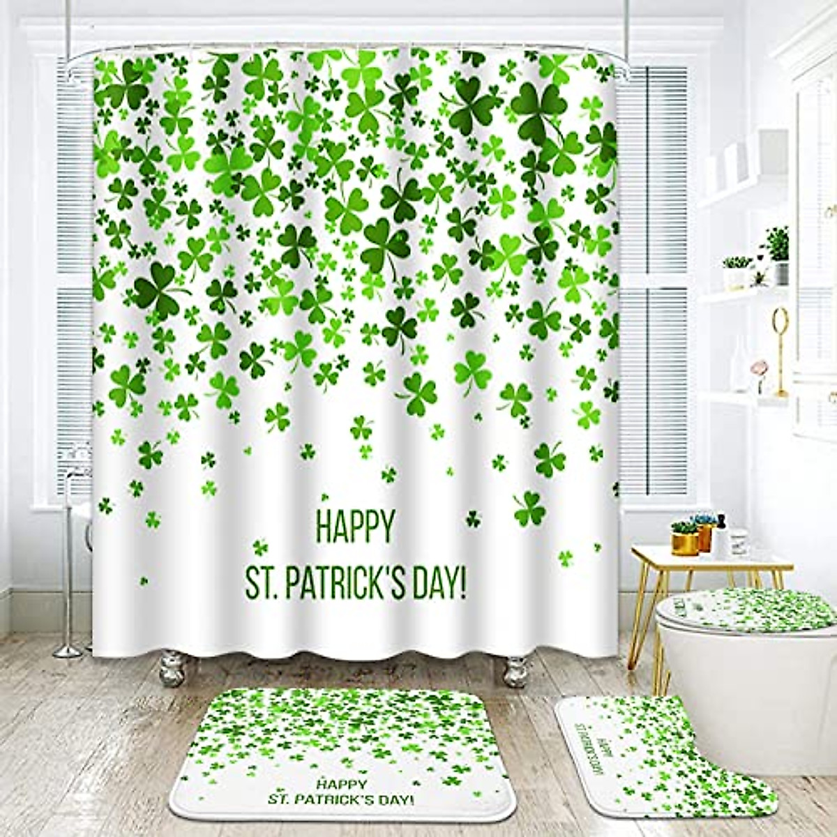 ArtSocket 4 Pcs Shower Curtain Set Happy Saint Patrick Day Green Four Leaf Shamrock Clover with Non-Slip Rugs Toilet Lid Cover and Bath Mat Bathroom Decor Set 72 x 72 inch