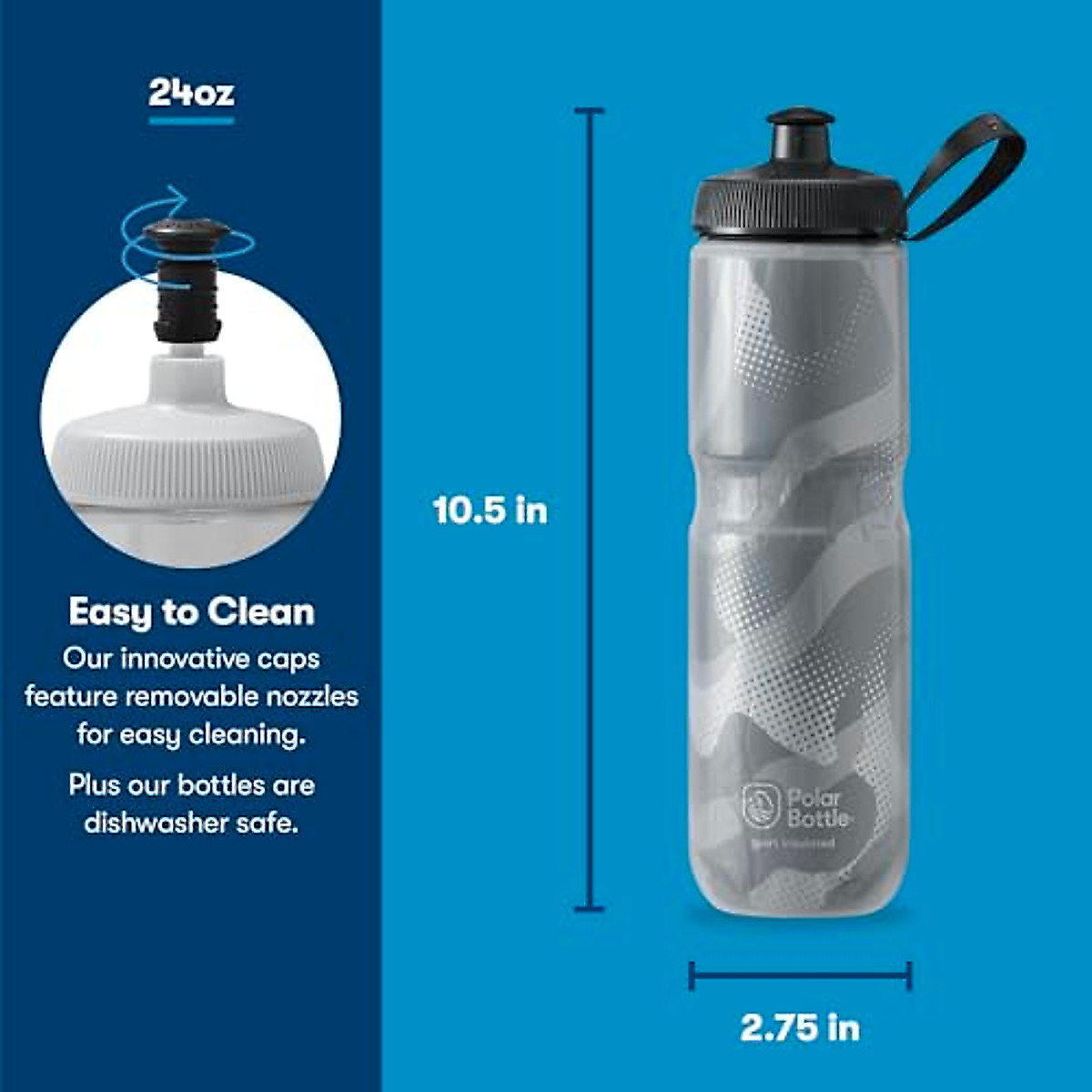 Polar Bottle Sport Insulated Water Bottle - BPA-Free, Sport & Bike Squeeze Bottle with Handle (Contender - Charcoal & Silver, 24 oz)