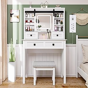 MECHYIN Farmhouse Makeup Vanity Desk with Sliding Mirror, Vanity Set with Stool & Charging Station & 3 Brightness Lights, Ample Storage, Dressing Table for Women Girls Bedroom, White