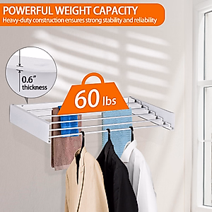 FOCHIER F Laundry Drying Rack Wall Mounted Clothes Drying Rack Collapsible 31.5" Wide with 13.2 Linear Ft and 5 Aluminum Rods Drilling Template Long Screwdriver Bit 60 lbs Capacity White