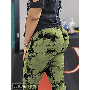 SENBAN Women Scrunch Workout Leggings: Butt Lifting High Waisted Yoga Pants - Tie Dye Seamless Booty Gym Leggings Army Green M