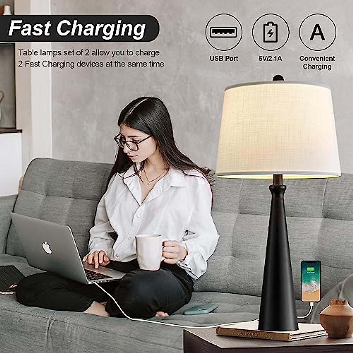 Oneach 25.75" Table Lamps Set of 2 for Living Room Bedroom, Bedside Lamp 3-Way Dimmable Touch Control, Modern Black Nightstand Light Fabric Shade Vintage Accent Style