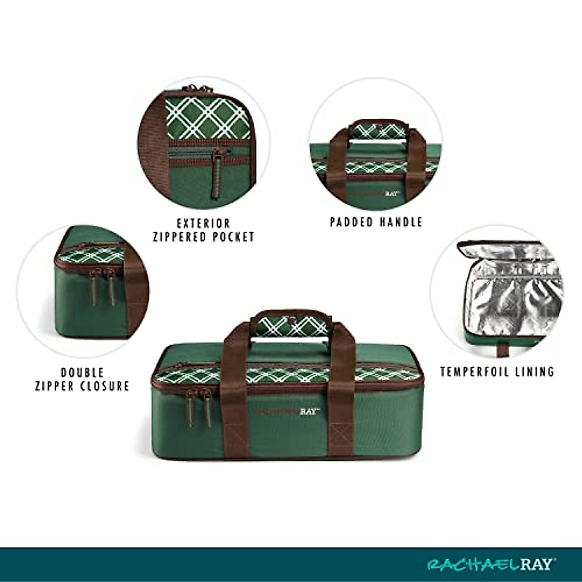 Rachael Ray Lugger Reusable Insulated Carrier Keeps Food Hot or Cold for Hours, Perfect for Lasagna Pan, Casserole, Baking Dish & More, Standard, Forest Green
