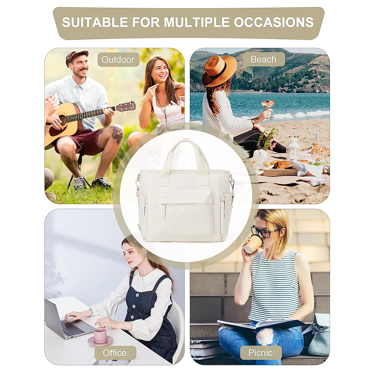 UPPACK Lunch Bag Women,Large Adult Lunch Box for Women Men,Insulated Lunch Tote Bag For Work,Fit and Fresh Lunch Bags Loncheras Para Mujer With Shoulder Strap Water Bottle Holder Beige