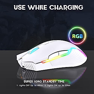 PHNIXGAM Rechargeable Wireless Gaming Mouse, Ergonomic RGB Computer Mouse with 2.4G Receiver, RGB Backlight, Adjustable DPI Up to 3600, 7 Buttons (Not Programmable) for Windows Vista Linux (White)