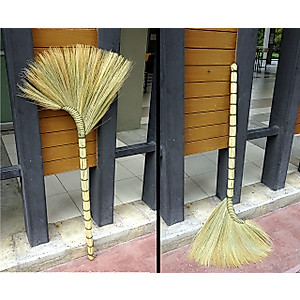 Handmade Asian Thai Broom Thick Natural Grass Brush & Handle Broomstick in Vintage Viet Whisk Straw Design