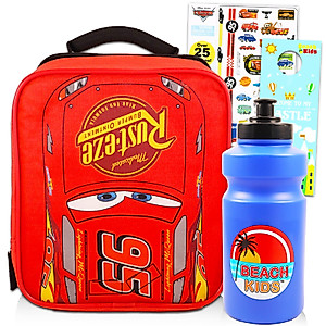 Disney Cars Lunch Box for Boys, Kids - Bundle with Premium Insulated Lightning McQueen Lunch Bag Plus Tattoos, Beach Kids Water Bottle, More | Disney Cars School Supplies