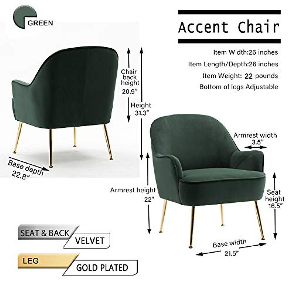 Goujxcy Modern Velvet Accent Tufted Decorative Reading Corner Chair, Vanity Chair for Bedroom, Living Room (Green5)