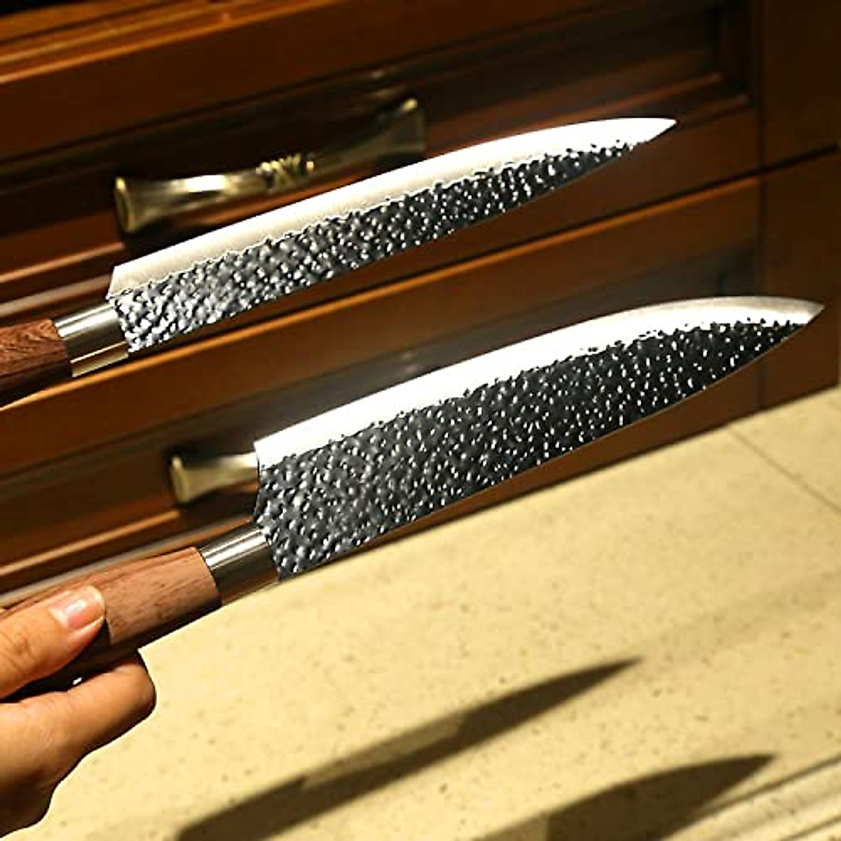 Vivid Cookware Stainless Steel Knives Set, 6 Pcs High Carbon Non Stick Large Blade Knife Block Set | 8" Chef Knife - 8" Carving knife - 8" Small Cleaver - 3.5" Paring Knife - Scissors - Ceramic Peeler