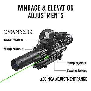 Pinty 4-in-1 Rifle Scope Combo, 3-9x32 Rangefinder Scope, Red & Green Dot Sight, Green Laser, 14 Slots Riser