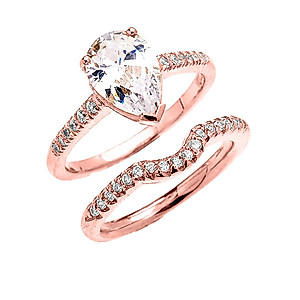 10K Rose Gold Pear Shaped Cubic Zirconia Engagement Ring and Matching Contour Wedding Band Bridal Set - Size 7