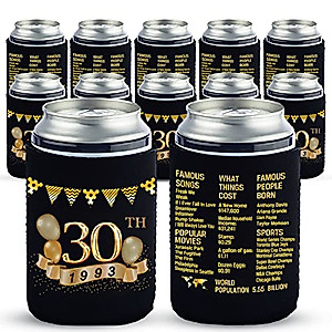 Yangmics 30th Birthday Can Cooler Sleeves Pack of 12- 1993 Sign -30th Anniversary Decorations - Dirty 30th Birthday Party Supplies - Black and Gold Thirtieth Birthday Cup Coolers