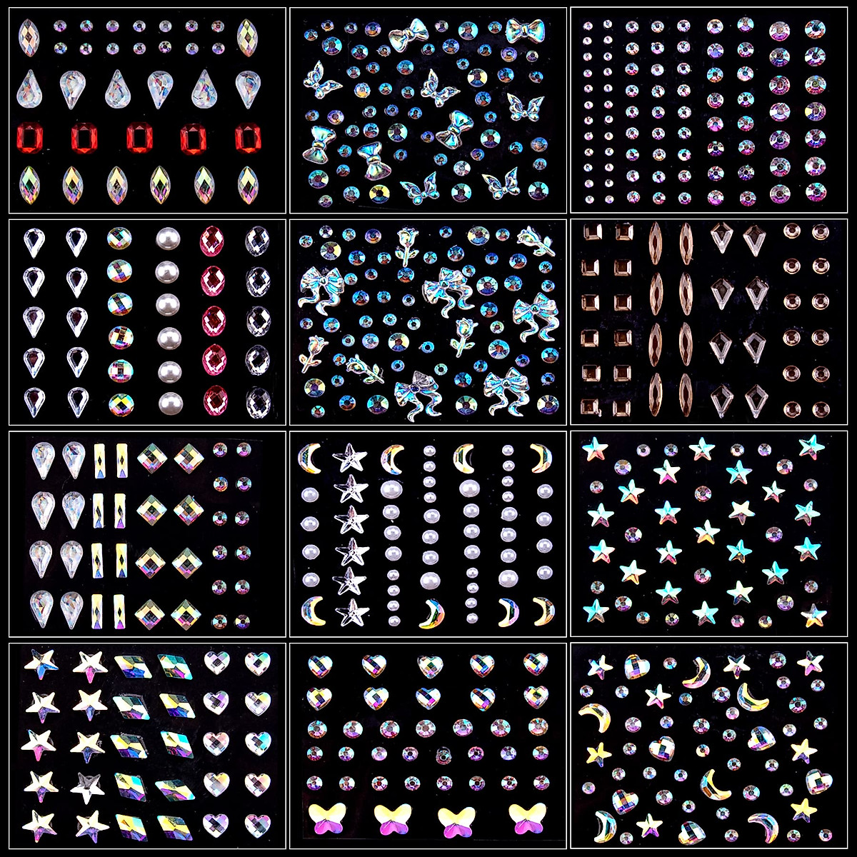 SIQUK 12 Sheets Face Jewels Rhinestones Face Gems Stick on Body Eye Nail Face Rhinestone Self Adhesive Face Crystal for Makeup Festival DIY Nail Art Decorations