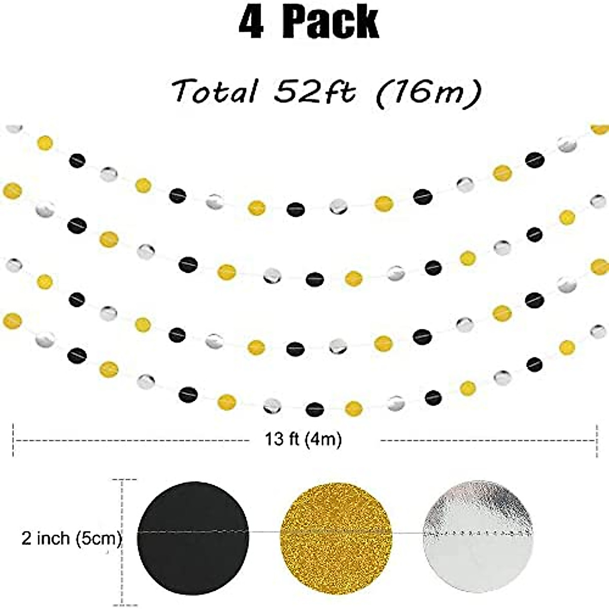 Black and Gold Circle Dots Garland Streamers Birthday Graduation Party Decorations, 52ft