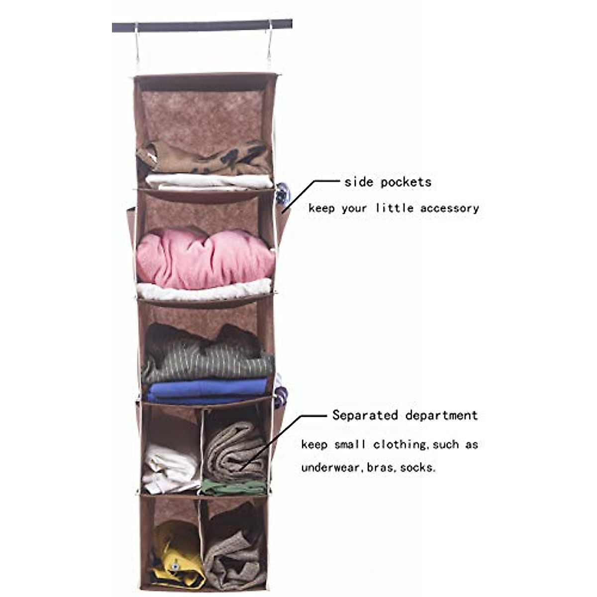 Amelitory 5 Shelf Hanging Closet Organizer Sturdy Fabric Foldable Clothes Hanging Shelves Storage Sweaters Shoes Organizer Coffee