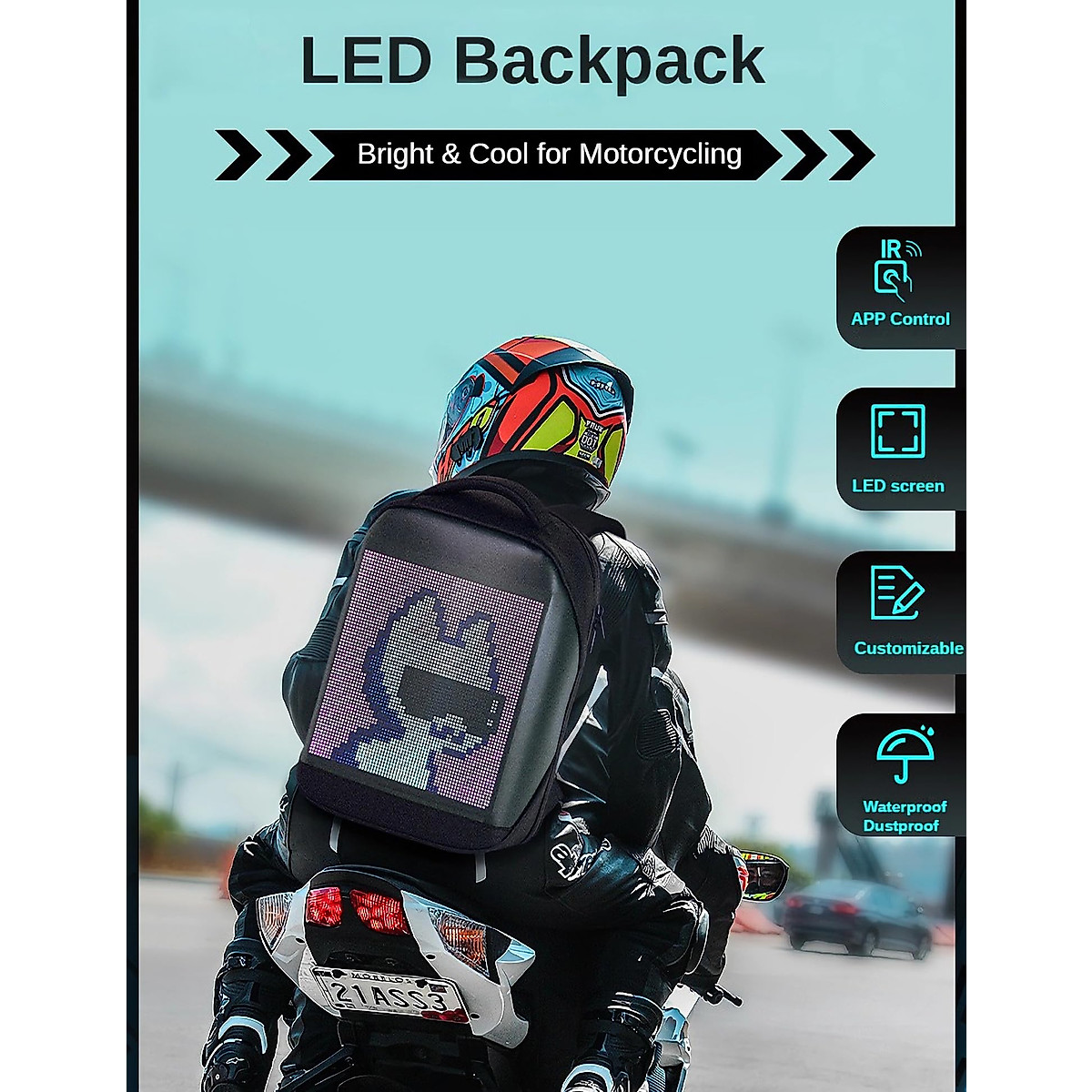 Taysem LED Backpack Motorcycle Backpack - Cool Laptop Backpacks for Men Smart LED Backpack with Programmable Pix Screen (A)