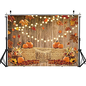 Fall Pumpkin Photography Backdrop 8x6FT Autumn Thanksgiving Harvest Hay Glitter Wooden Background Maple Sunflowers Newborn Baby Shower Banner Party Decorations Photo Booth Props