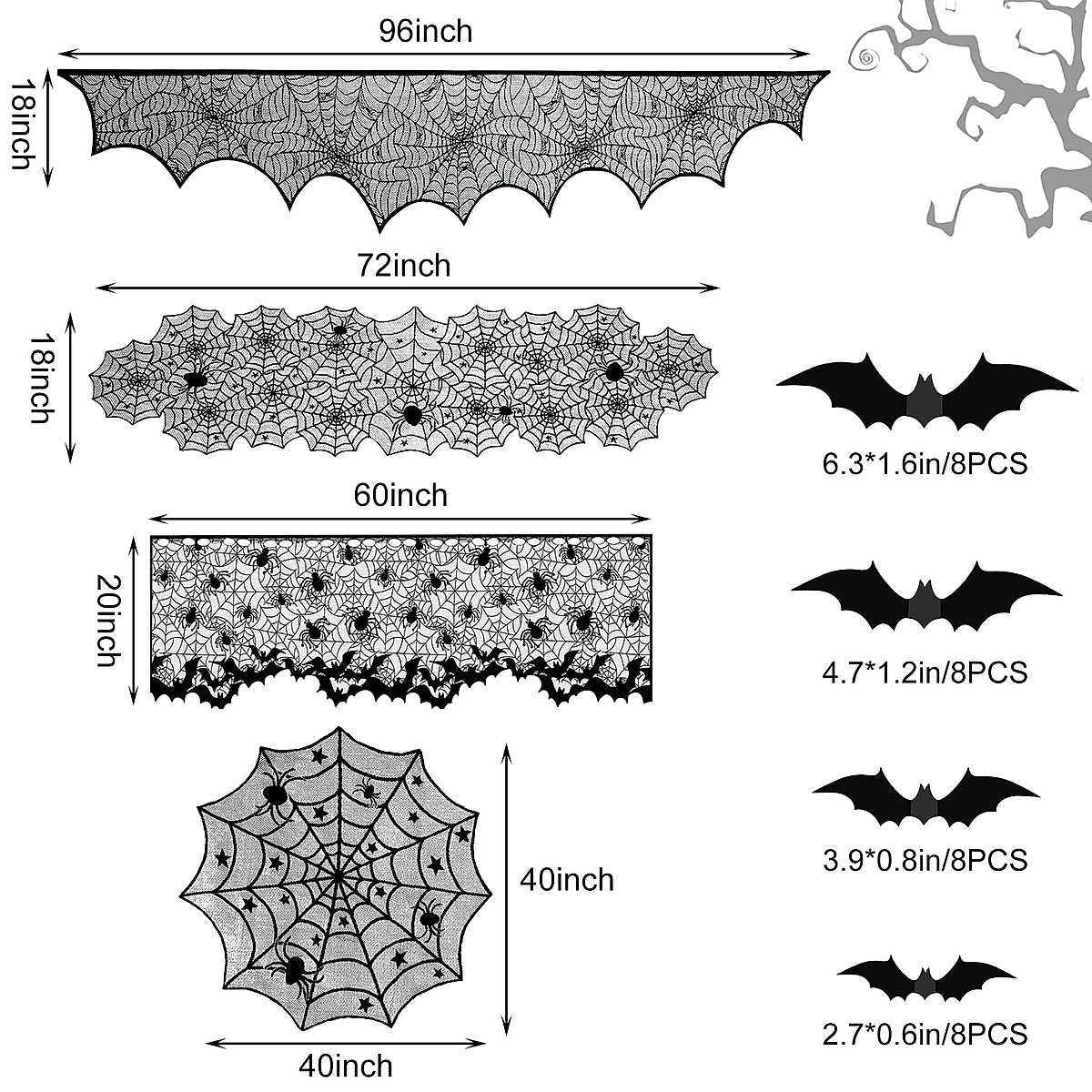5 Pack Halloween Decorations Indoor Set Halloween Spider Web Tablecloth Round & Table Runners Fireplace Mantel Scarf Cobweb Lampshade Scary 3D Bats for Halloween Spooky Home Decor