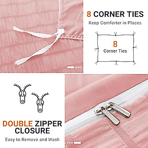 HYMOKEGE Pink Duvet Cover Queen Size, Ultra Soft 3-Piece Seersucker Duvet Cover Set with Zipper Closure, Soft Brushed Microfiber Bedding Set with 8 Corner Ties (90"x90", 2 Pillowshams)