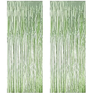 2 Pack 3.3 ft x 9.8 ft Foil Curtains Metallic Fringe Curtains Shimmer Curtain Photo Backdrop for Halloween Christmas Birthday Party Wedding Deco (Pale Green)