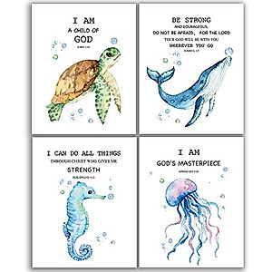 Scripture Bible Verse Wall Decor Set of 4 (8”X10”), Watercolor Blue Ocean Theme Religious Gifts for Children, Inspirational Bible Verses Quotes Baby Nursery Wall Decor, No Frame