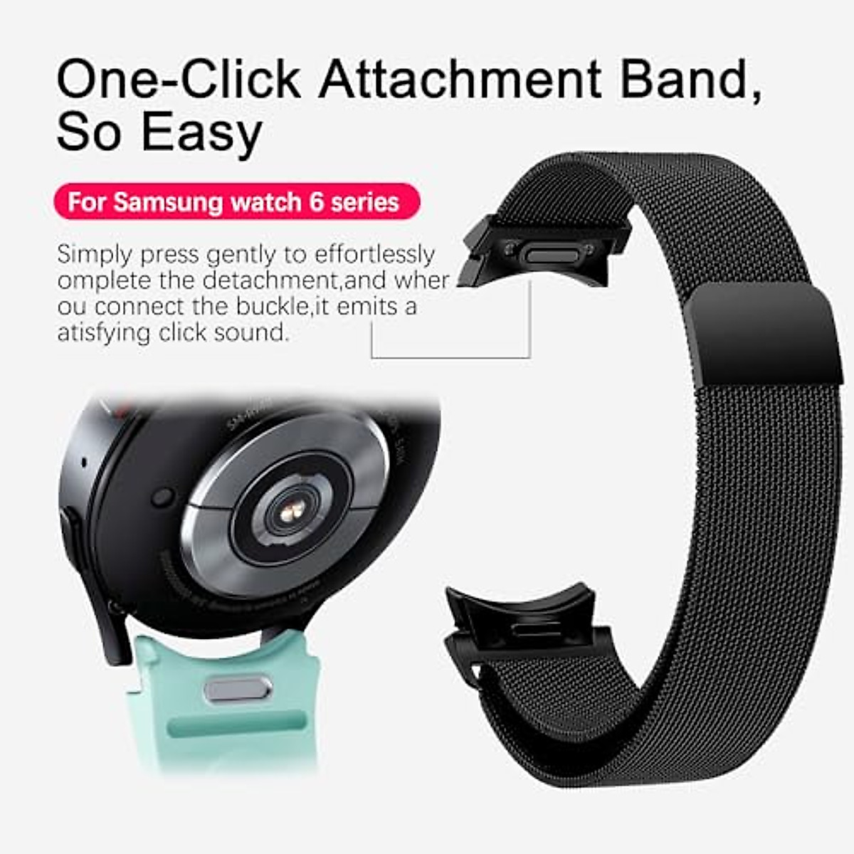 One Click No Gap Metal Band for Samsung Galaxy Watch 6 band 40mm 44mm Women Men,Galaxy Watch 6 Classic Band 47/43mm, Stainless Steel Magnetic strap for Galaxy Watch 5 4 band/5Pro/Watch 4 Classic (black)