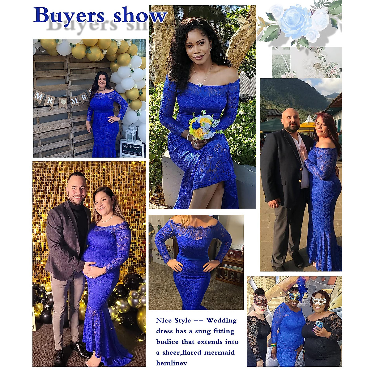 LALAGEN Women's Floral Lace Long Sleeve Off Shoulder Wedding Mermaid Dress Blue M