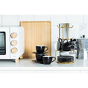 YHOSSEUN 3 Ounces Espresso Cups with Saucers Set, Porcelain Latte Cups and Metal Stand Demitasse Cups for Espresso, Latte, Cafe Mocha, Cappuccino and Tea, Set of 6, Black