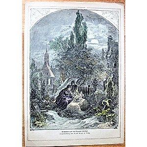 Antique Steel Engraving: Lighting Candles on a Grave