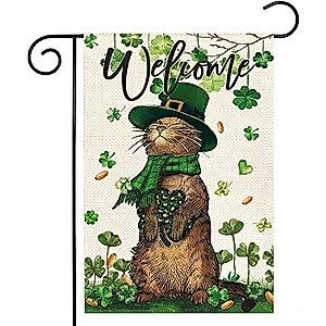 St Patricks Day Garden Flag, Welcome St. Patrick's Day Flags 12x18 Double Sided, Lucky Shamrock Cat Small Burlap Yard Flags for Farmhouse Front Porch Lawn Outdoor Saint Patricks Holiday Decor
