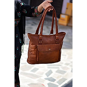 Handmade Women Vintage Style Real Leather Shoulder Shoppers Bag Purse 16” Brown