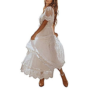 Bdcoco Women's V Neck Button Down Floral Lace Maxi Dress Casual Short Sleeve Boho Flowy Dresses White