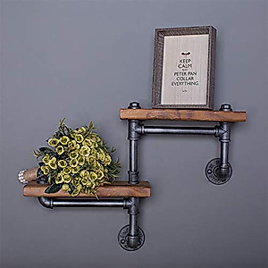 FOTEE Industrial Pipe Shelf Bracket, 2 Tiers Retro Wall Mounted Floating Shelf, Wood Look DIY Storage Shelving Bookshelf, Farmhouse Bathroom Shelving for Room/Kitchen/Office,Black