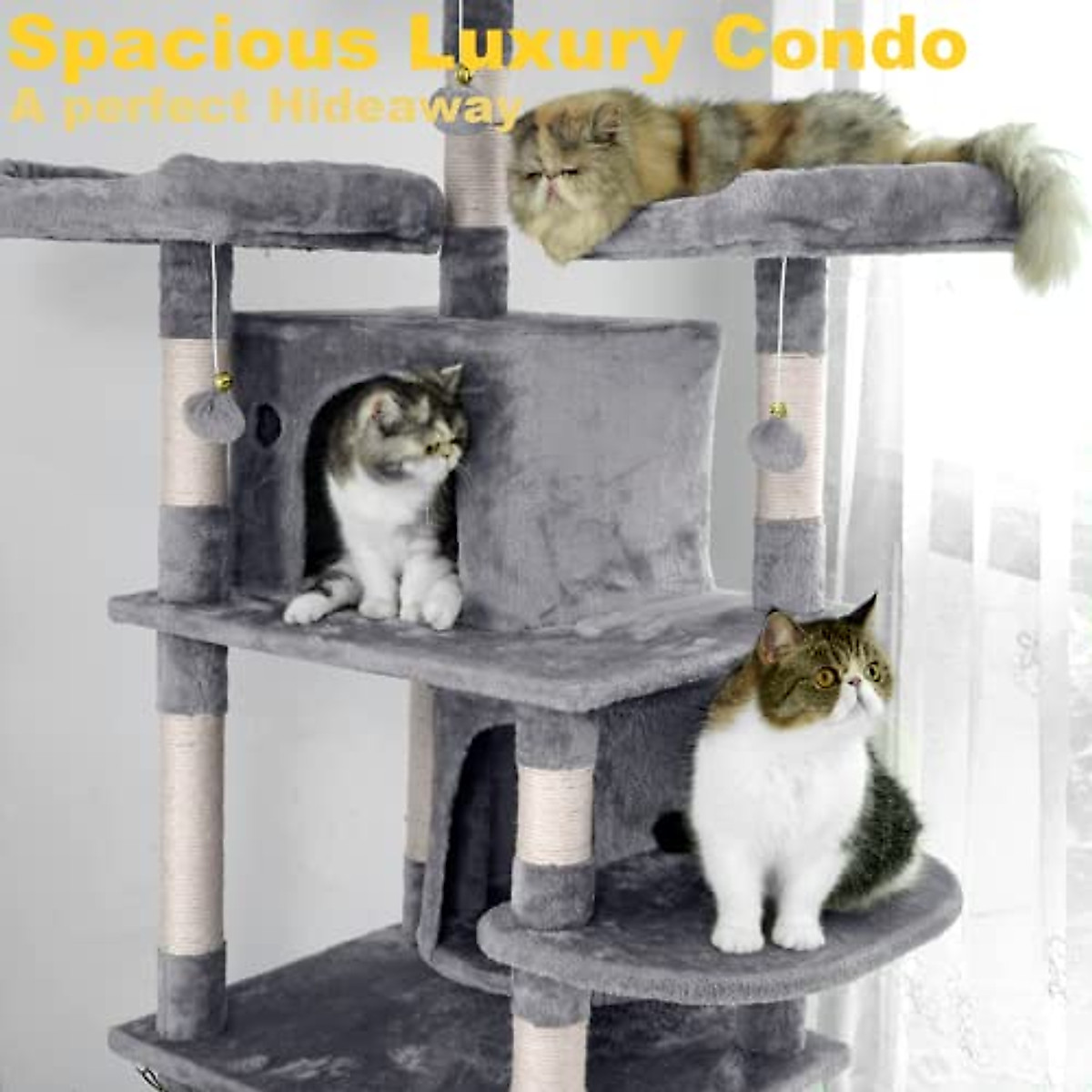 NEGTTE Cat Tree Tower for Indoor Cats,67 inches Extra Large Multi-Level Cat Condo with Sisal Scratching Posts for Large Cats Kitty Play House,Light Gray