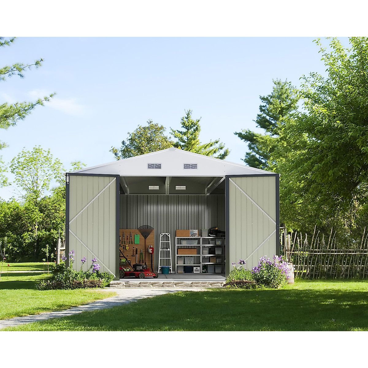 Greesum Outdoor Storage Shed 10 x 10 ft. Utility Tool Shed Metal Storage Garden Shed with Door & Lock for Patio Storage, Gray