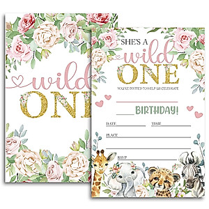 FujLoy Wild One Birthday party Invitations, Wild One Invitations, Jungle Theme, Animals Birthday Party Invites.（060）