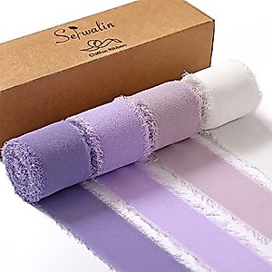 Serwalin 4 Rolls Chiffon Silk Ribbon 1.5" x 7Yd Gauze Frayed Edges Purple Handmade Fringe Ribbons Set for Wedding Invitations, Bridal Bouquets, Gifts Wrapping, DIY Crafts (4 Rolls 28 Yards)