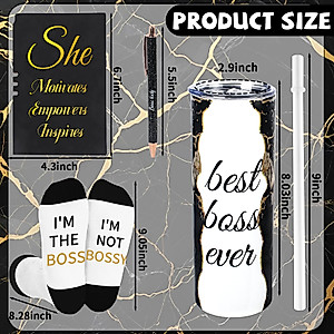 4 PCS Best Boss Lady Gifts Thank You Gifts for Women Includes 20 Oz Black Marble Tumbler Cotton Socks A6 Notepad with Ballpoints, Appreciation Day Boss Day Office Leader Christmas Gift