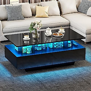 YITAHOME LED Coffee Table with Storage, High Glossy LED Coffee Tables for Living Room, Small Center Table with Open Display Shelf & Sliding Drawers, Black