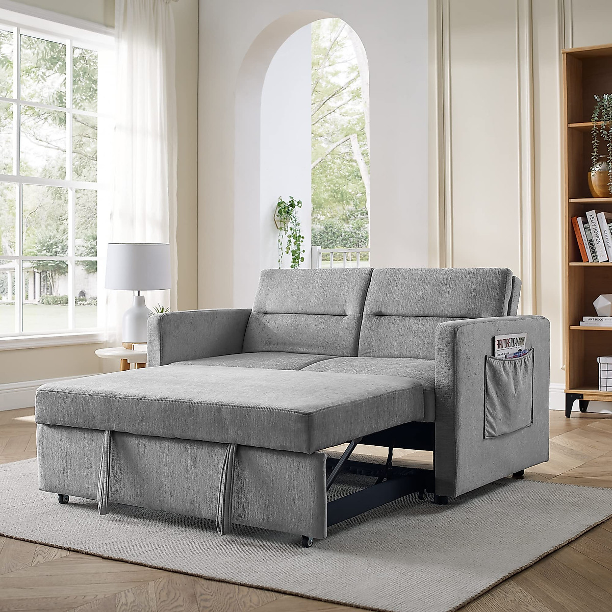 HomsSof Loveseats Sofa Bed Couch with Pull-Out Bed，Adjsutable Back and Two Arm Pocket,54.5"x33"x31.5",Grey
