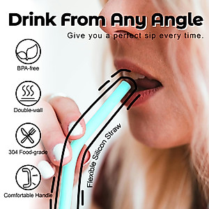 winiwo 40 oz Tumbler with Handle and Straw for Her, Flexible Straw, Insulated Tumbler Cups with Silicone Bottom, Keeps Beverages Cold Up to 24 Hours, Gym/Work/Travel/School/Gift（Elegant Blue）