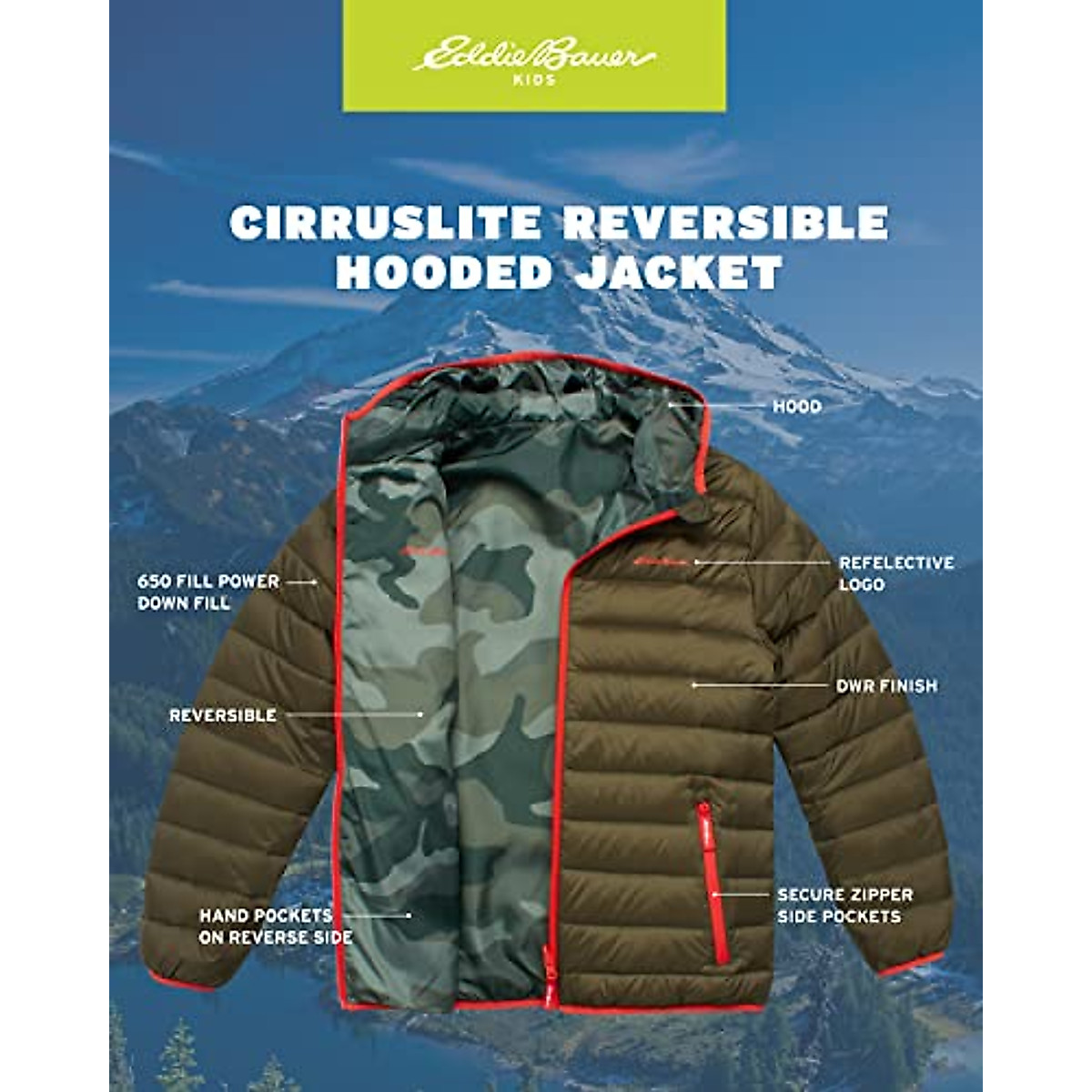 Eddie Bauer Kids' Reversible Jacket - Weather Resistant Quilted Down Coat for Boys and Girls (3-20), Size 5-6, Olive