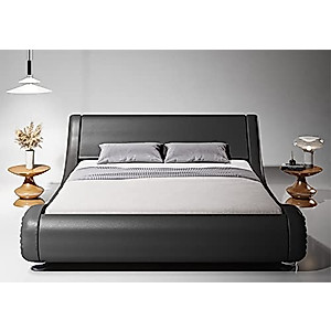 SHA CERLIN Queen Size Upholstered Bed Frame, Deluxe Low Profile Sleigh Bed with Faux Leather Ergonomics Headboard, No Box Spring Needed & Easy Assembly, Black